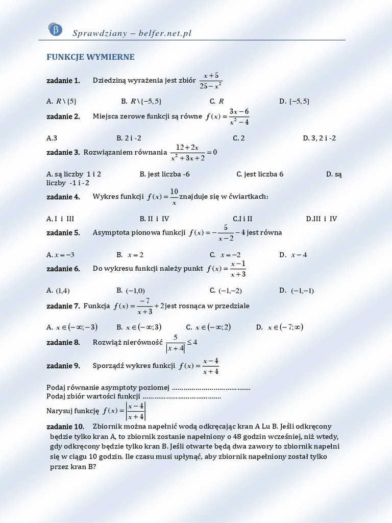 Funkcje Wymierne Sprawdzian | PDF