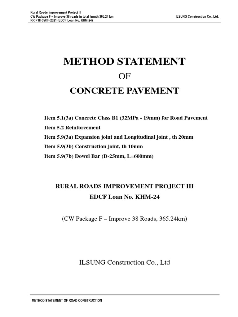 Method Statement For Concrete Pavement - RRIP-III - Draft | PDF