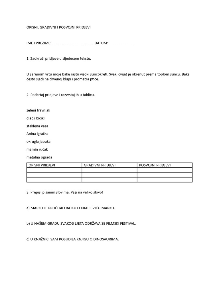 OPISNI, GRADIVNI I POSVOJNI Pridjevi 1 | PDF