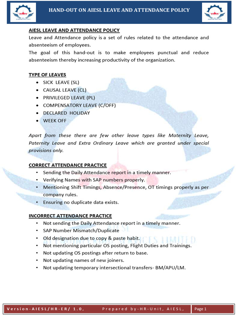 Handout On Leave and Attendance Policies Version 1 - 0 | PDF | Working ...