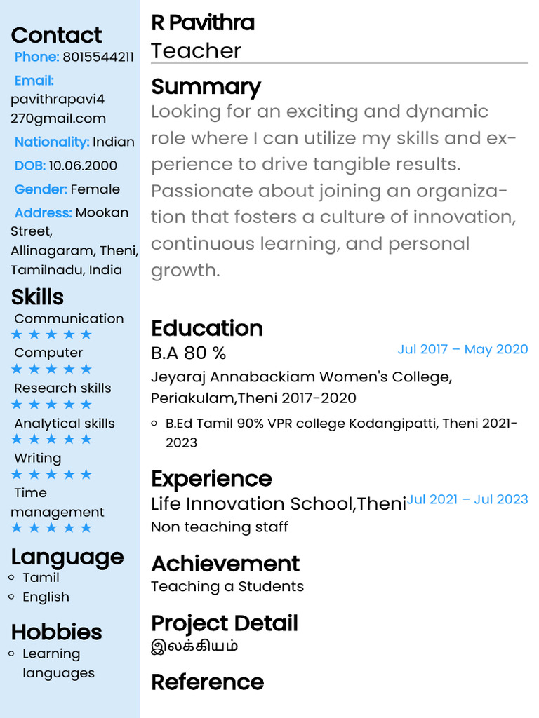 R Pavithra Resume Pdf