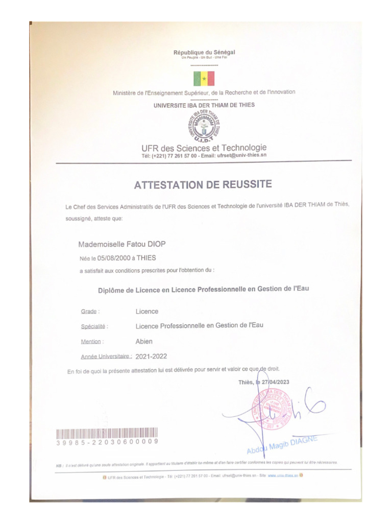 Attestation de Reussite | PDF Attestation de Reussite | PDF