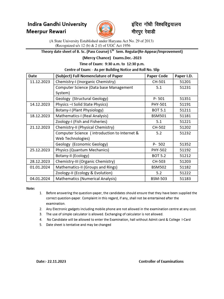 Theory Date Sheet of B.Sc. (Passcourse) 5th Sem Regular (Re-Appear, Improvement & Mercy Chance ...
