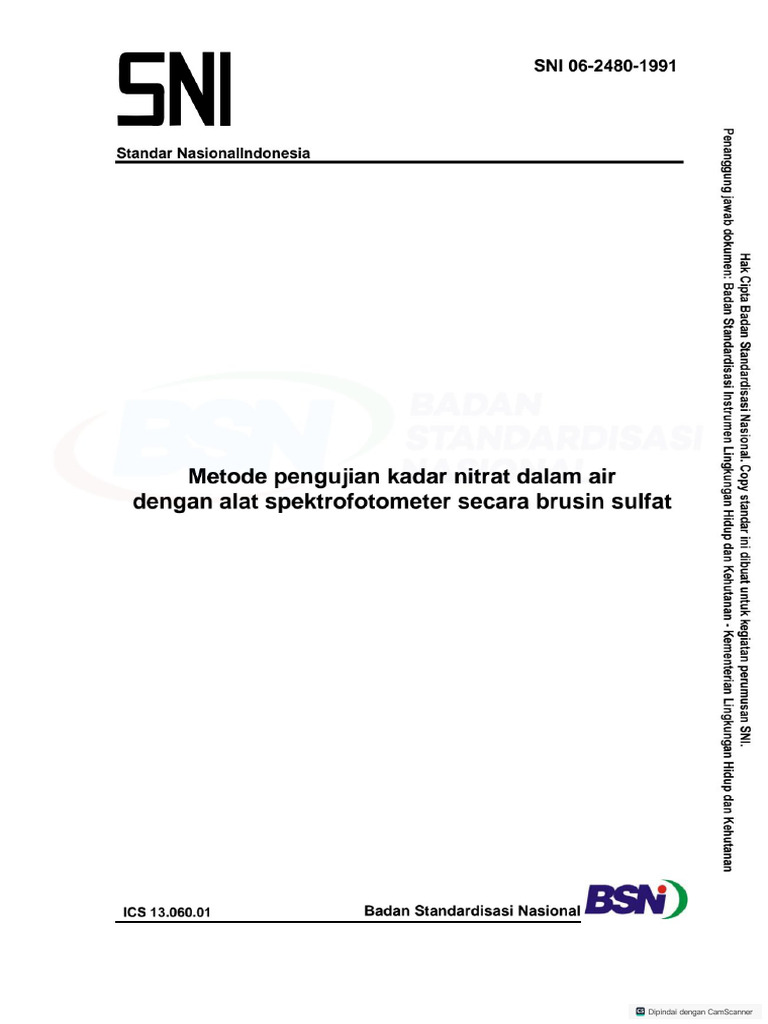 SNI 06 2480 1991 Metode Pengujian Kadar Nitrat Dalam Air Dengan Alat ...