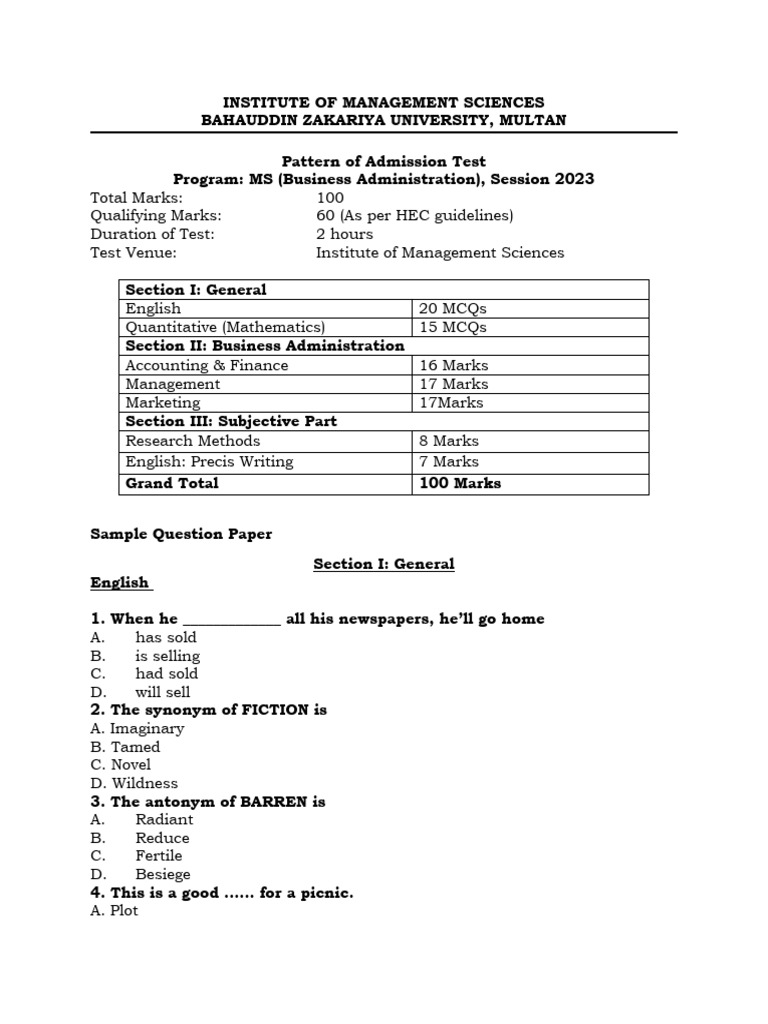 Sample Paper MS Admission Test 2023 at IMS | PDF | Brand | Paragraph