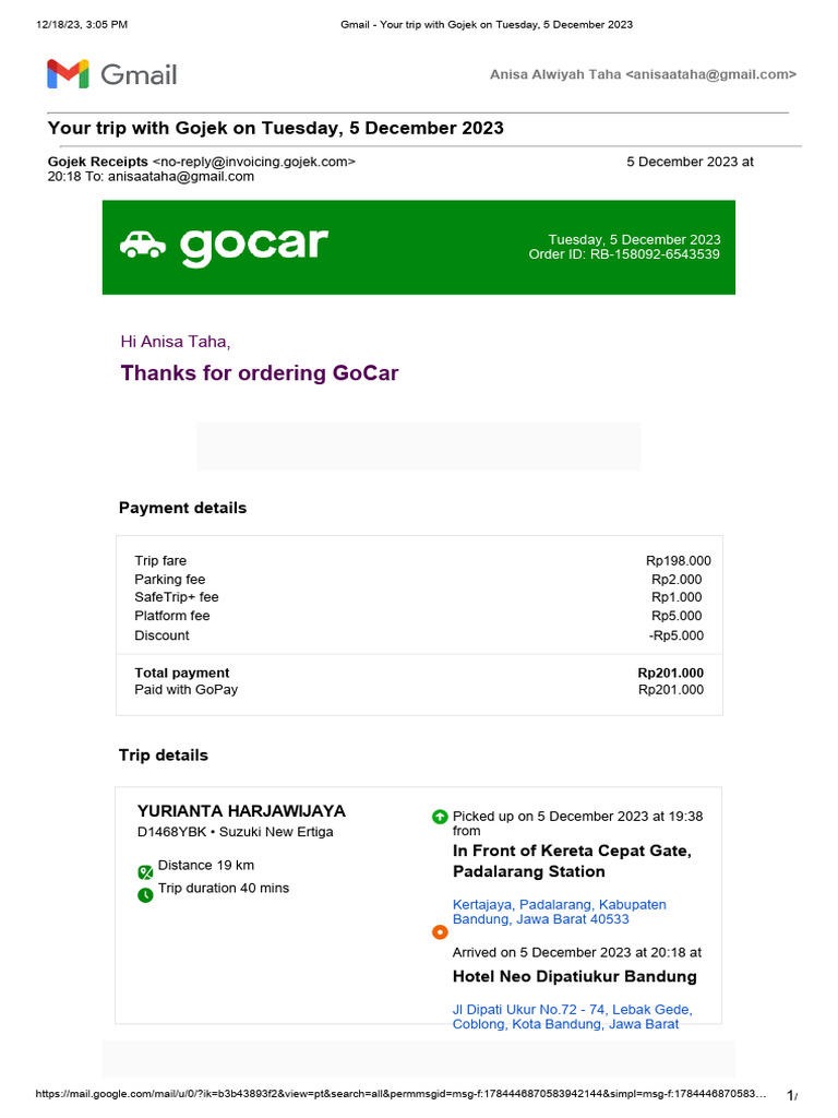 Gojek GoCar Trip Receipt - Dec 5, 2023 | PDF | Service Industries