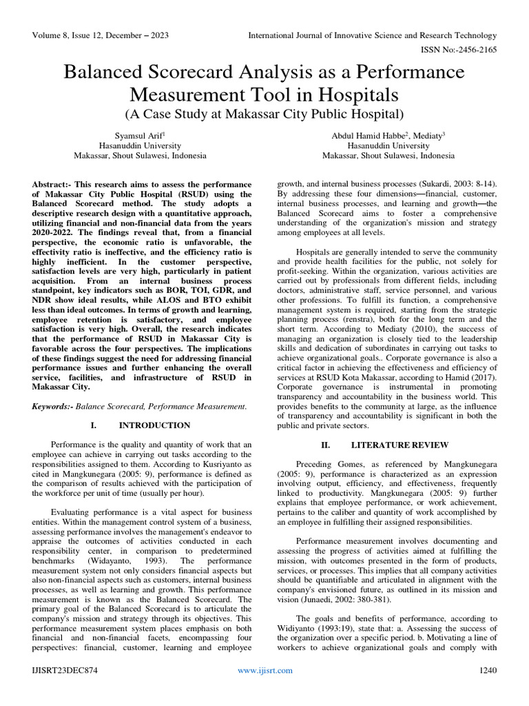 Balanced Scorecard Analysis As A Performance Measurement Tool in Hospitals | PDF