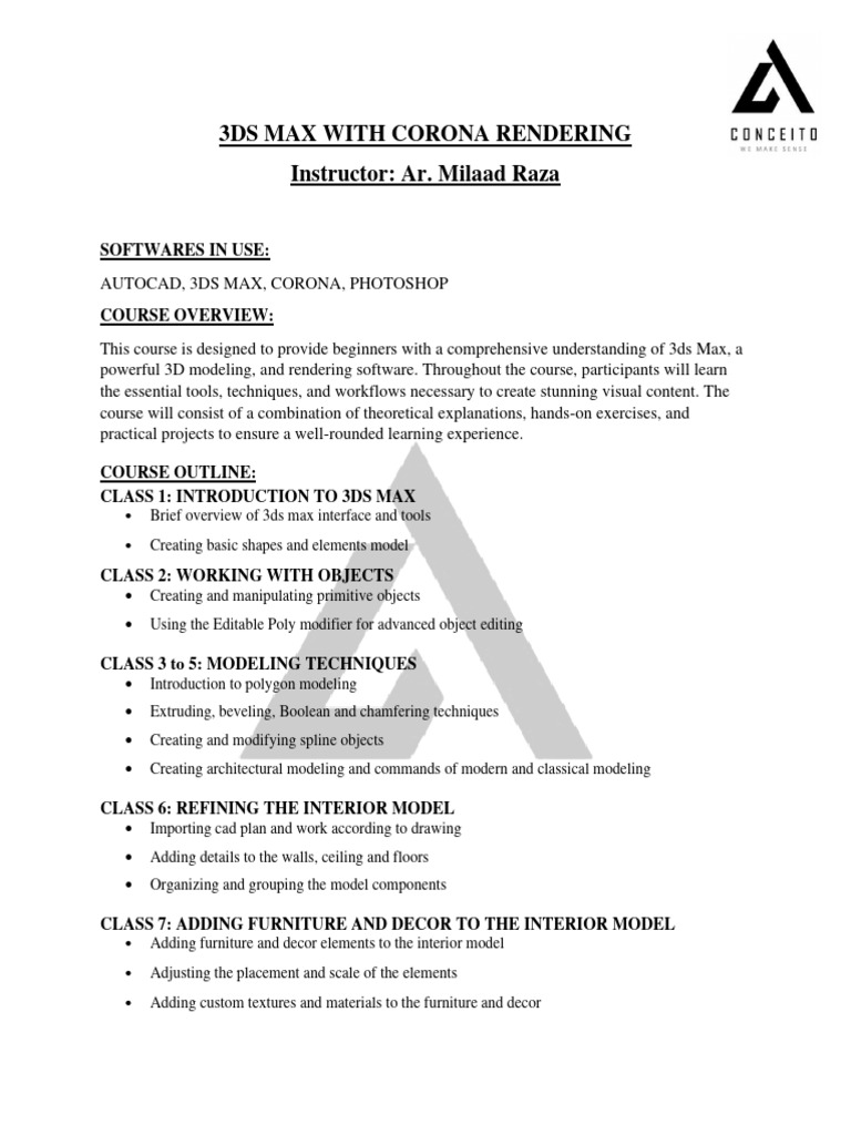 3ds Max-Corona - Course Outline | PDF | Autodesk 3ds Max | 3 D Modeling