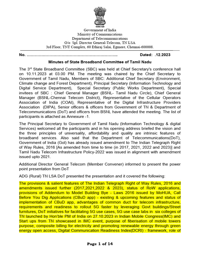 Comparision - Minutes of Meeting 3rd SBC - TN | PDF | Tamil Nadu ...