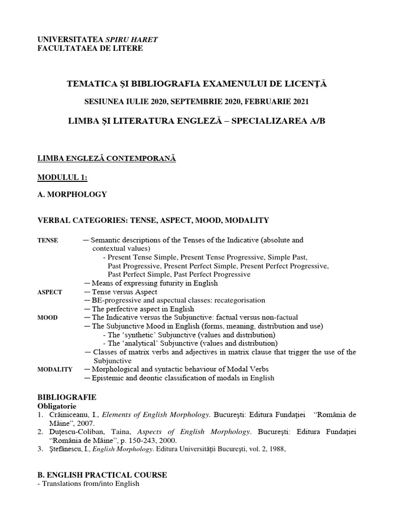 Engleza Tematica Licenta Iulie Sept 2020 Febr 2021 | PDF | Language Arts & Discipline | General ...