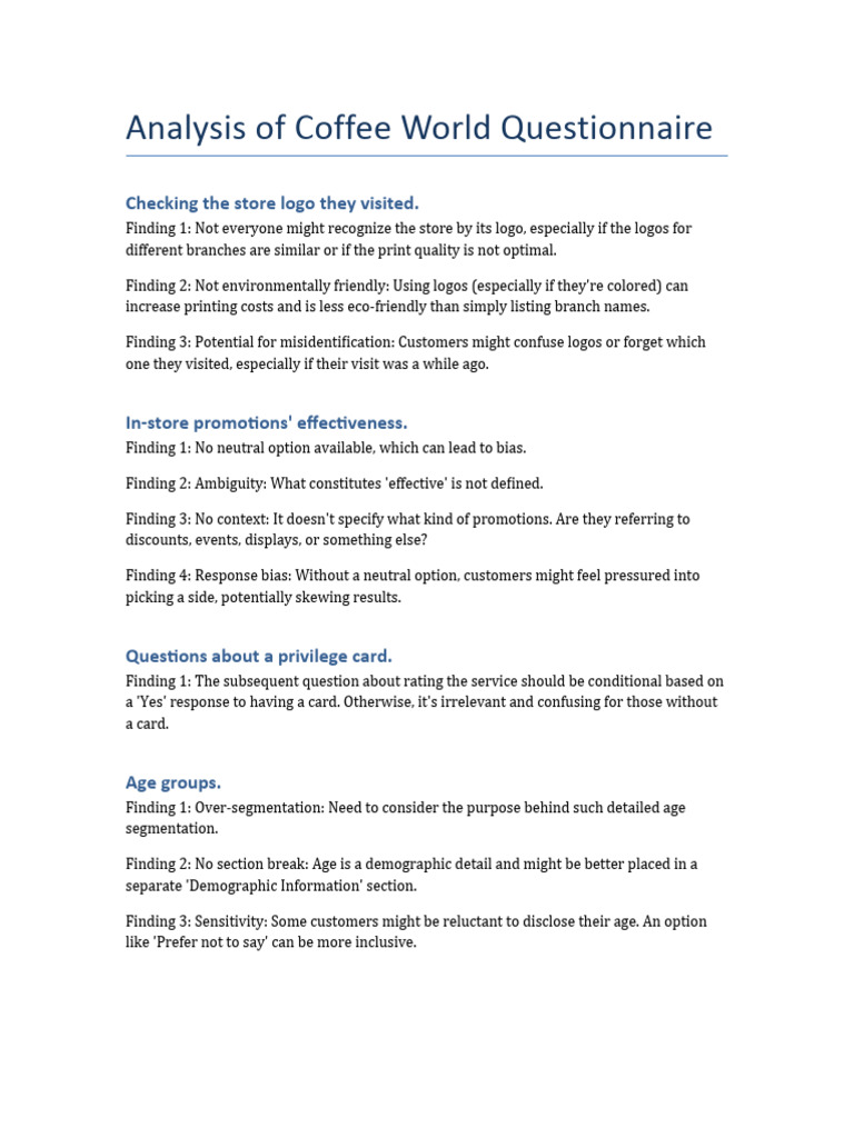 Coffee World Questionnaire Analysis | PDF | Questionnaire | Cognitive ...