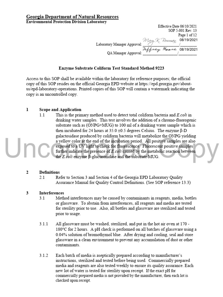 SOP 5-001 Rev. 13 SM9223 Enzyme Substrate Coliform Test | PDF ...