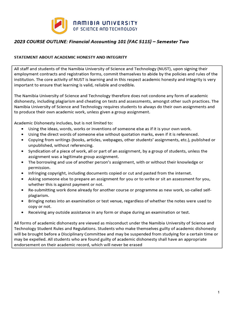 Fac511s Financial Accounting 101 Course Outline 2023 | PDF ...