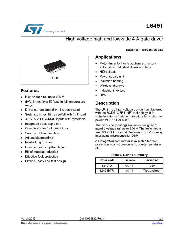 L6491D Datasheet | PDF | Mosfet | Information And Communications Technology