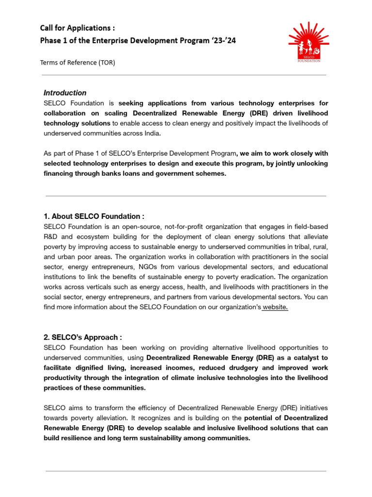 TOR Call For Applications Enterprise Development Program 23 SELCO Foundation 1 | PDF | Poverty ...