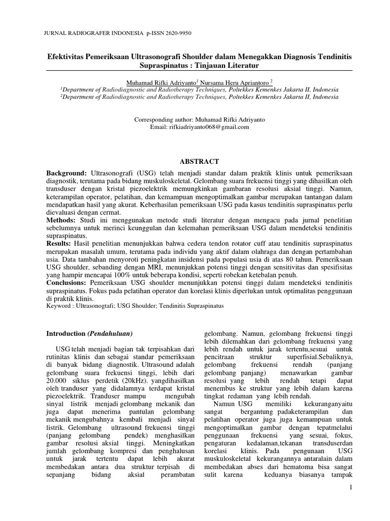Jurnal Efektivitas Pemeriksaan Usg Shoulder Dalam Menegakkan Diagnosis Tendinitis Supraspinatus ...