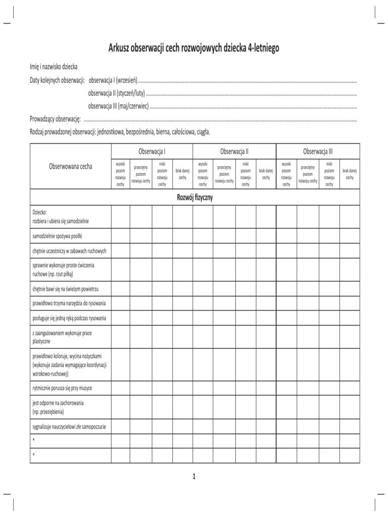Odkrywam - Siebie - 4latek - Arkusz Obserwacji | PDF Odkrywam - Siebie - 4latek - Arkusz Obserwacji | PDF
