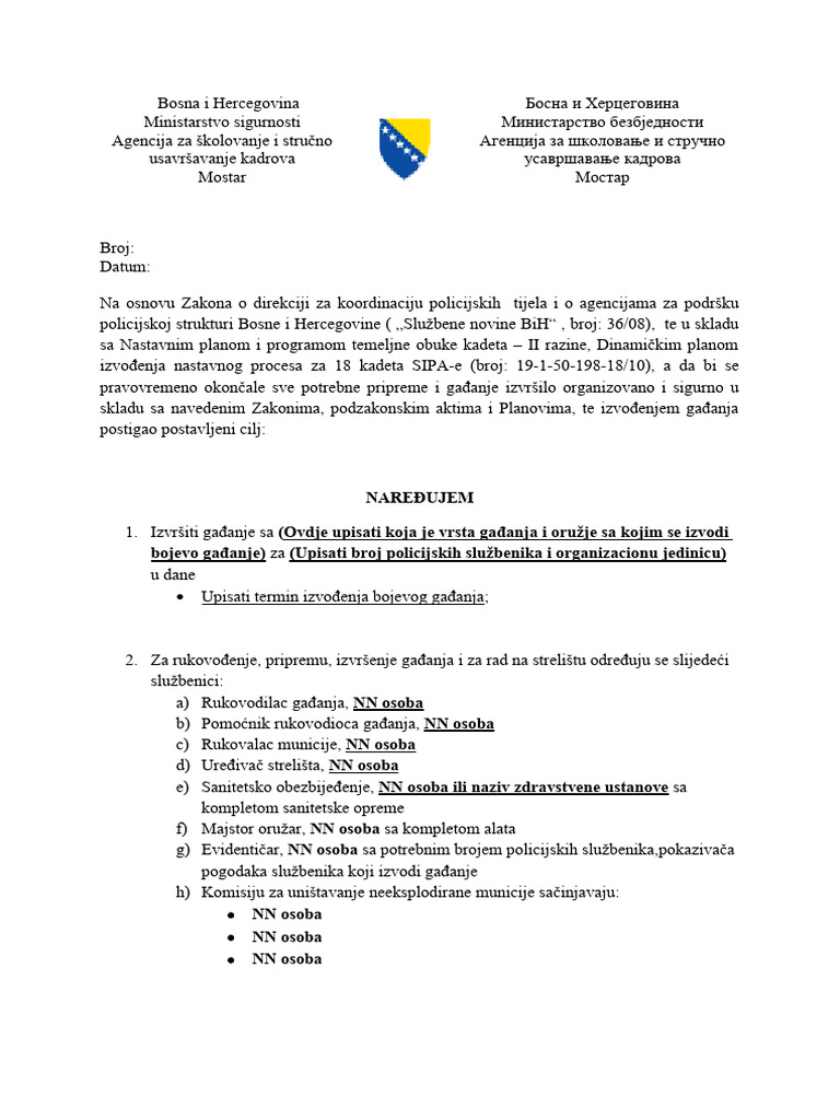 Naredba Za Gađanje PRIMJER | PDF