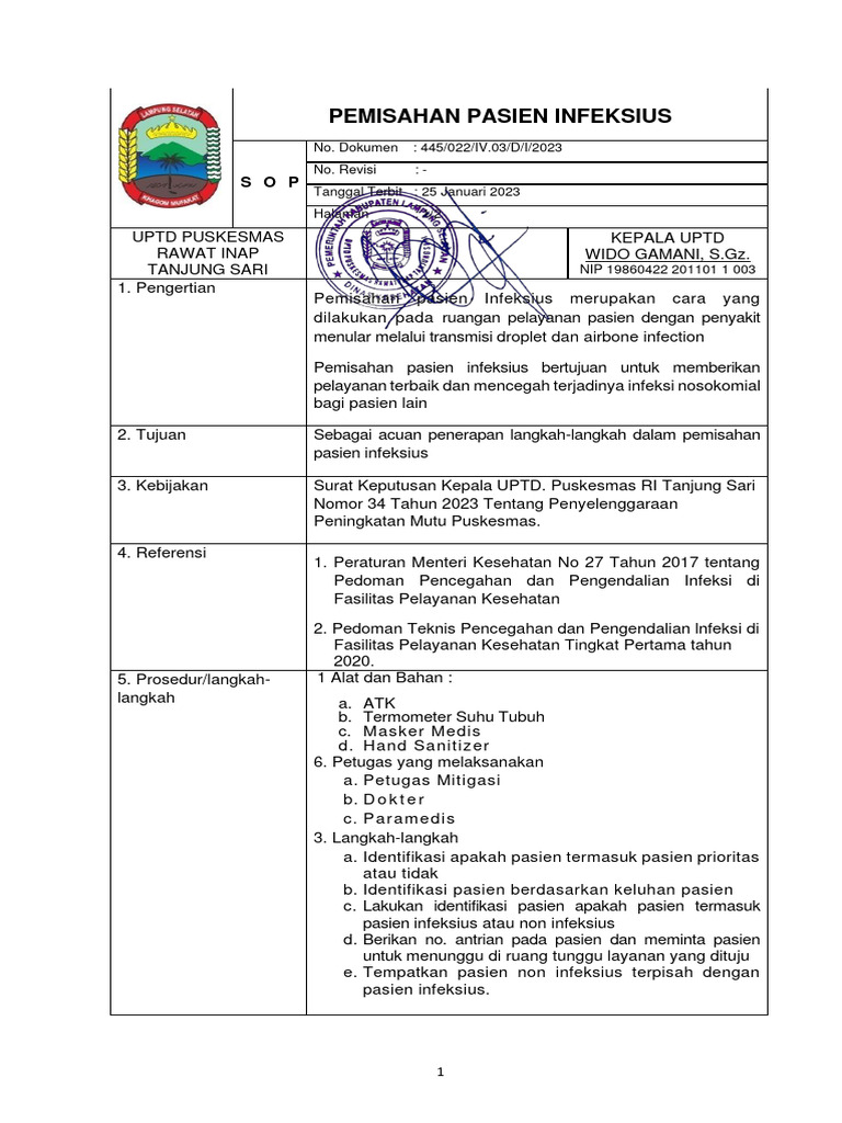 Sop Pemisahan Pasien Infeksius | PDF