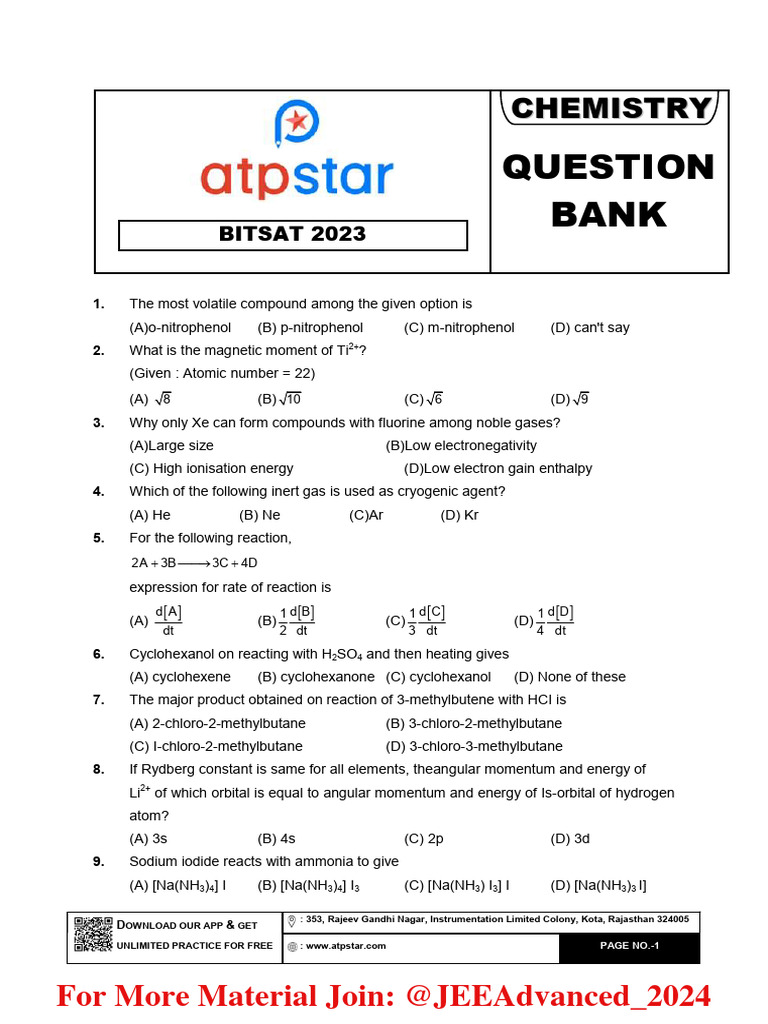 Chemistry BITSAT Question Bank | PDF | Mole (Unit) | Ion