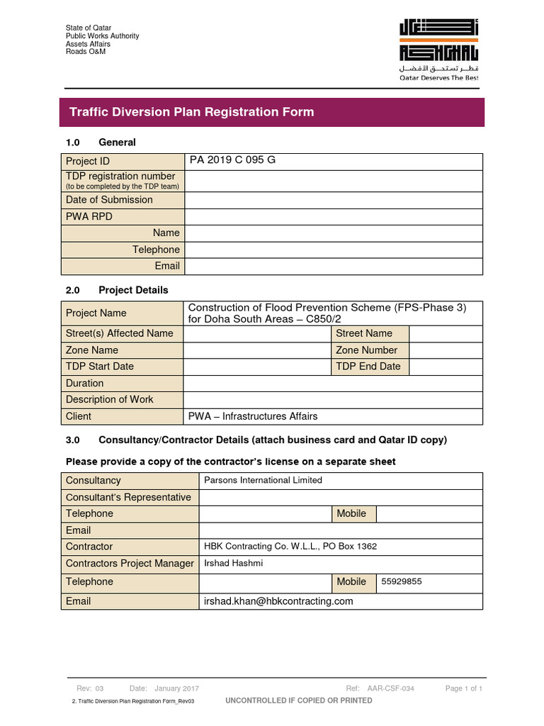 Appendix 4 Traffic Diversion Plan Registration Form (Sample Template) | PDF | Traffic | Road