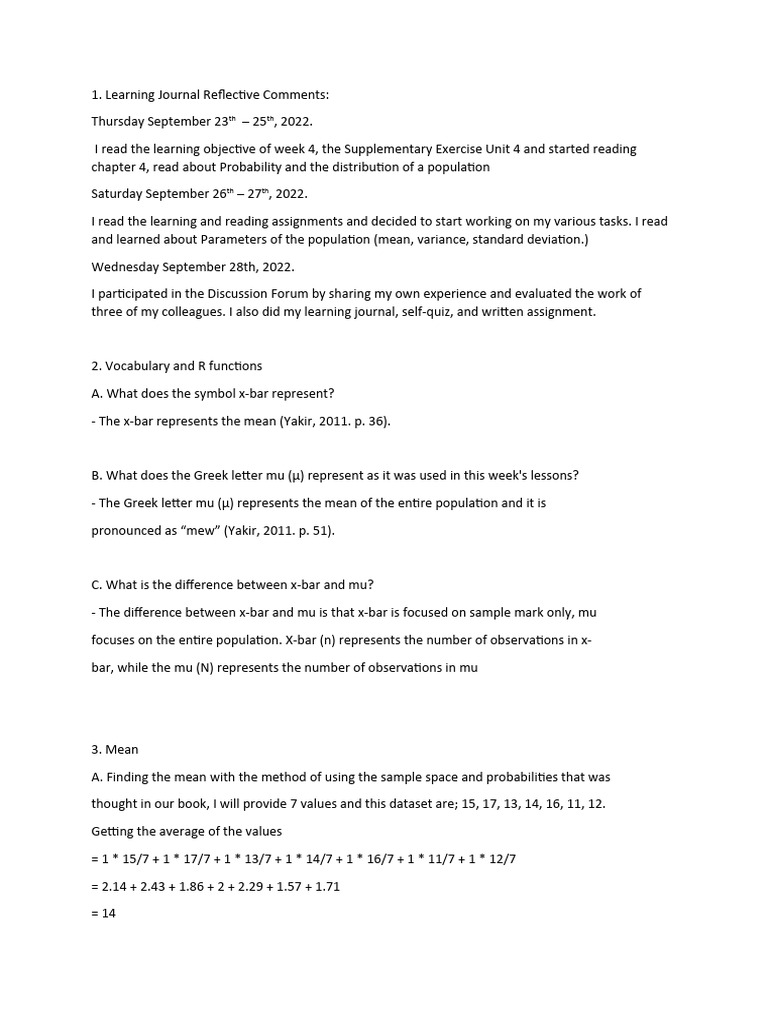 MATH 1280 Learning Journal Unit 4 | PDF