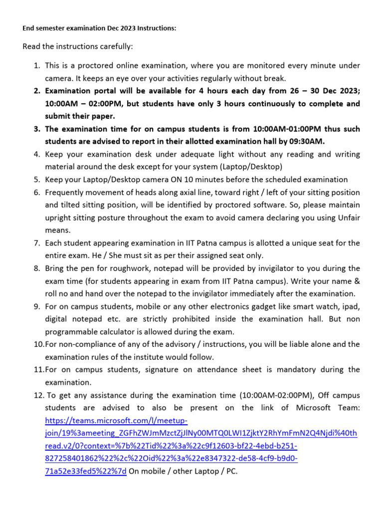 Exam Instructions | PDF