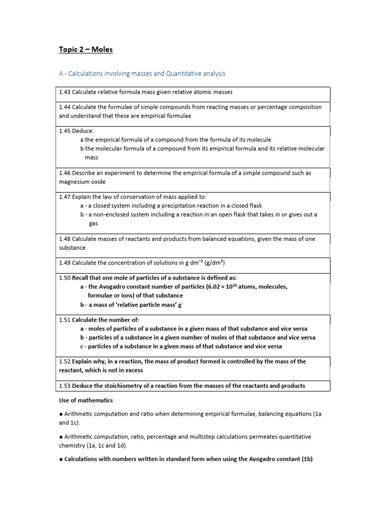 2022 Moles Checklist | PDF | Mole (Unit) | Chemical Reactions