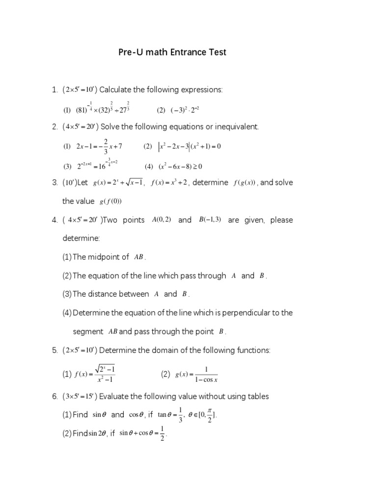 Pre-U Math Entrance Test: X X X X X | PDF