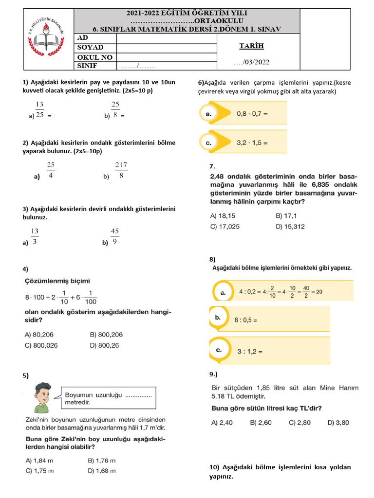 6 Sinifyazili2 Dnem1 Yazl | PDF