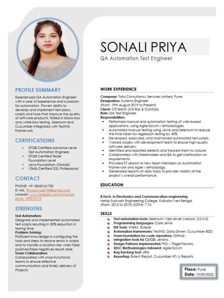 Resume Sonali QA Automation | PDF | Software Testing | Agile Software ...