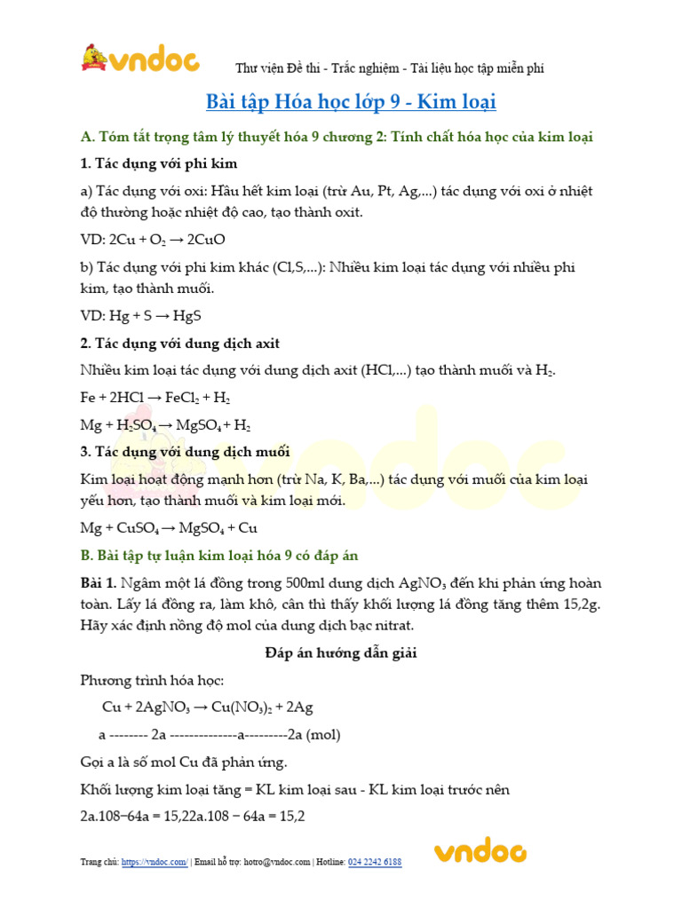 Bai Tap Hoa 9 Kim Loai Co Dap An | PDF
