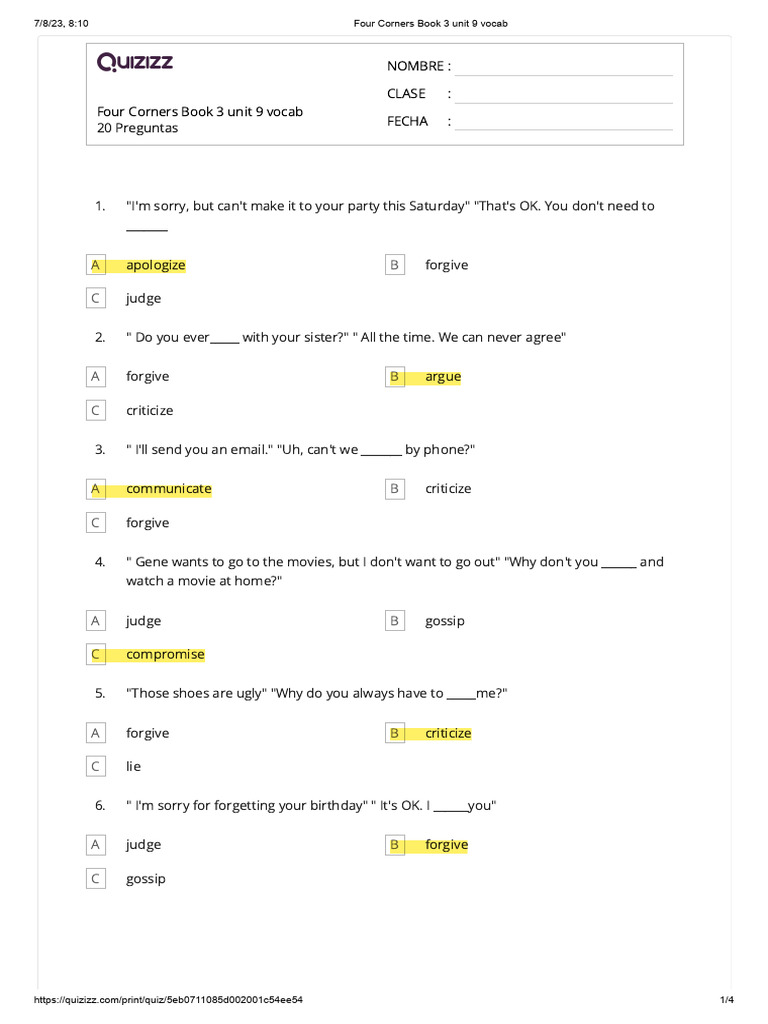 Four Corners 3 Unit 9 Vocabulary Quiz | PDF