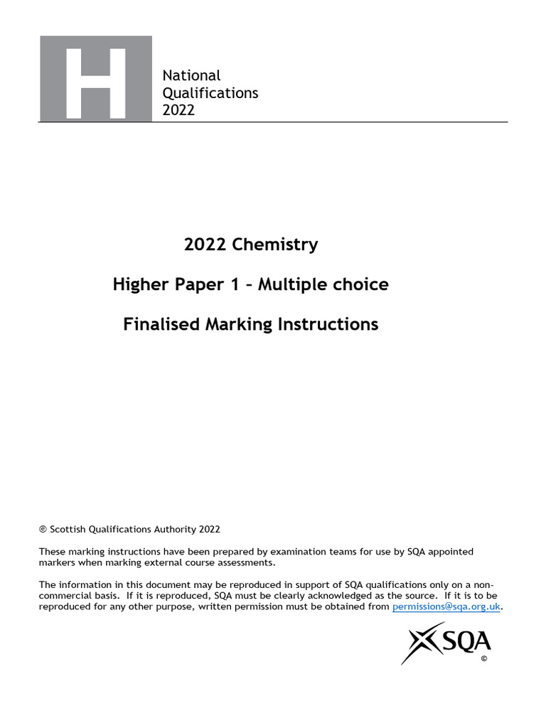 2022 Chemistry Higher Paper 1 - Multiple Choice Finalised Marking ...