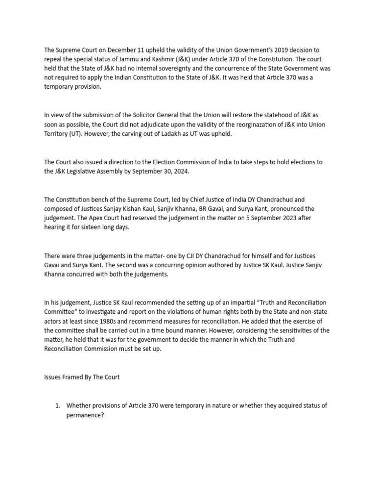 Summary of Article 370 Judgement | PDF | Government | Justice