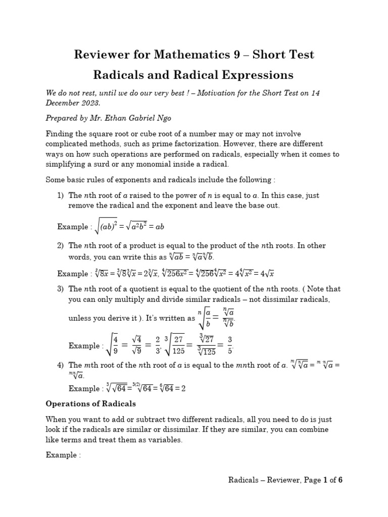 Radicals Review for Grade 9 Math | PDF | Square Root | Elementary ...