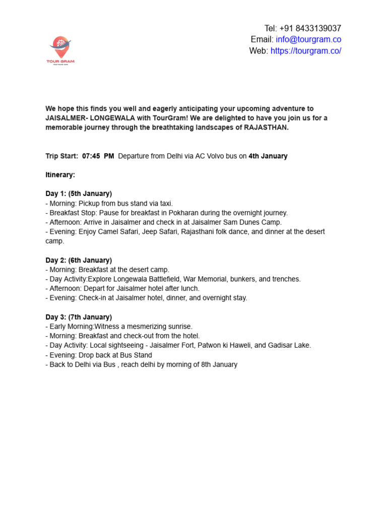 Jaisalmer-Longewala Tour Itinerary | PDF
