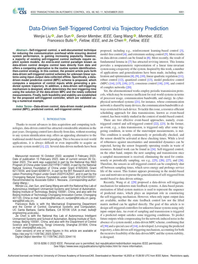 Data-Driven Self-Triggered Control Via Trajectory Prediction | PDF | Computing | Mathematics