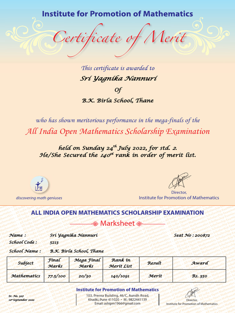 IPM 2nd Grade Final Exam Certificate | PDF | Mathematics
