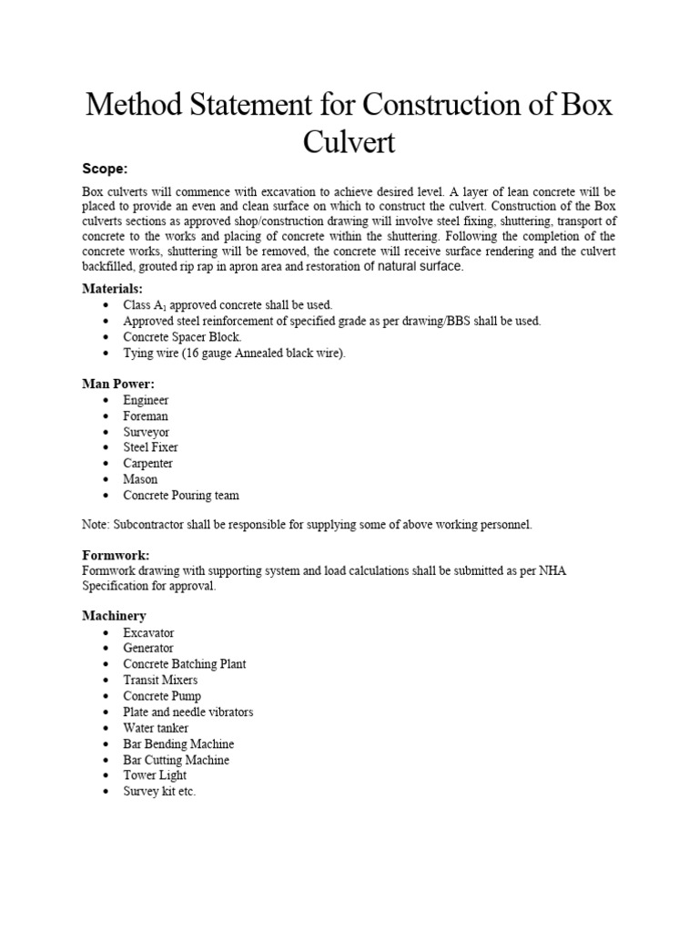 Method Statement For Construction of Box Culvert - Anil Kumar | PDF | Concrete | Building Technology