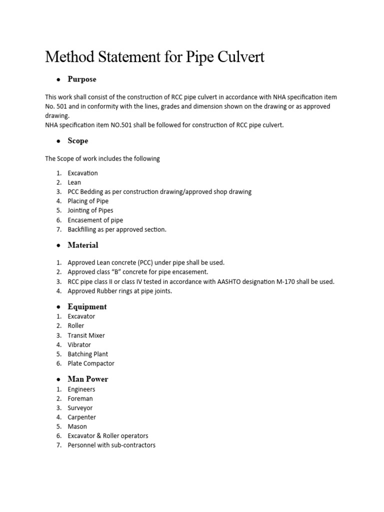 Method Statement For Pipe Culvert by Anil Kumar | Download Free PDF ...