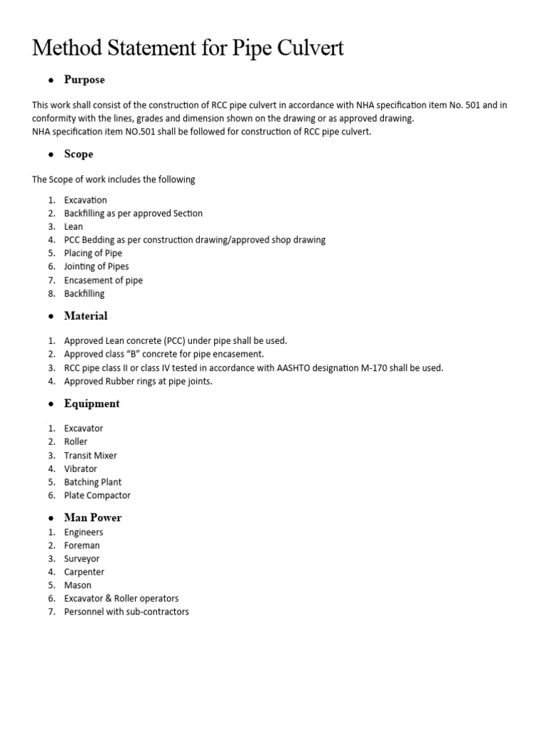 Method Statement For Pipe Culvert Anil Sahab | PDF | Concrete | Civil Engineering