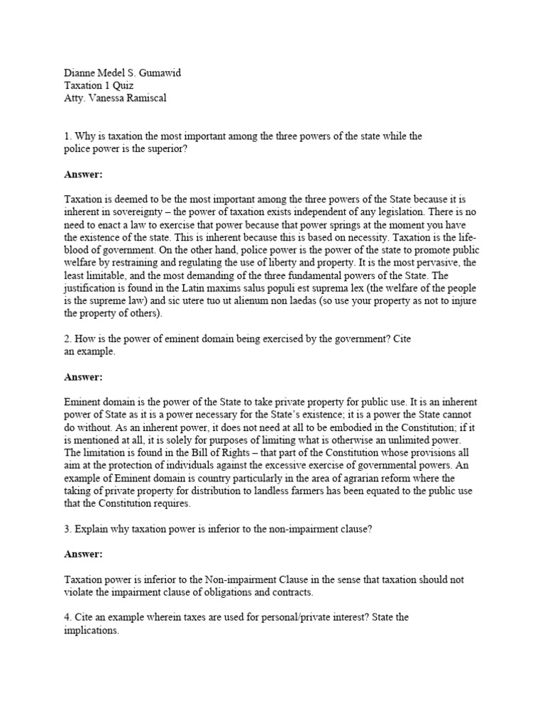 Taxation Quiz | PDF | Taxes | Police Power (United States ...