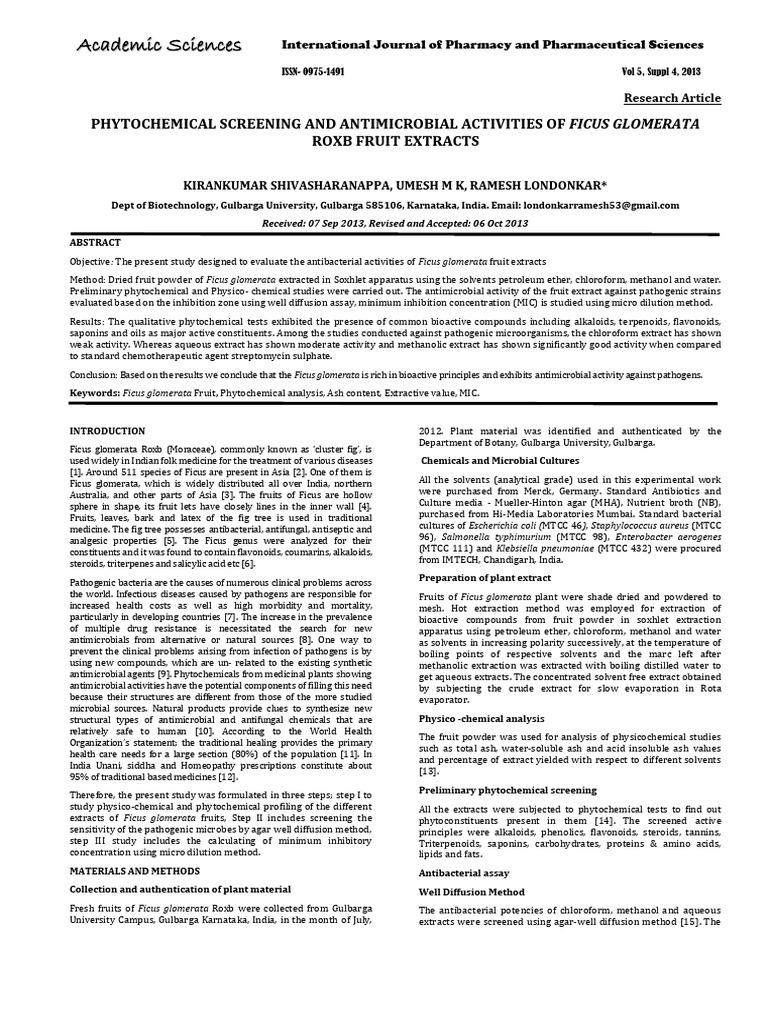 Phytochemical Screening and Antimicrobial Activities of Ficus Glomerata Roxb Fruit Extract | PDF