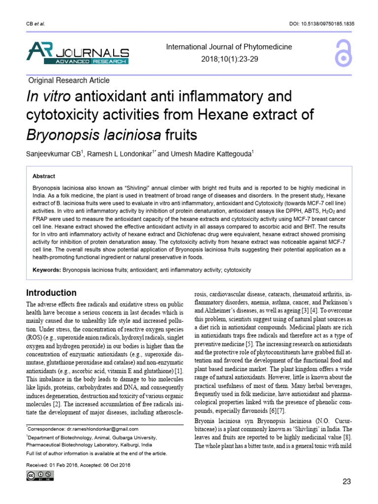 In Vitro Antioxidant Anti Inflammatory and Cytotoxicity Activities From Hexane Extract of ...
