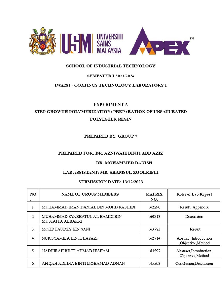 Lab Report 281 Exp A | PDF | Polyester | Polymers