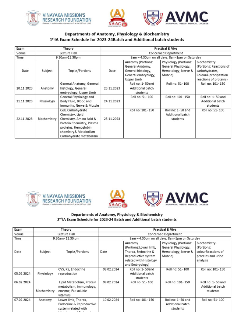 Ia Time Table | PDF | Biochemistry | Chemistry
