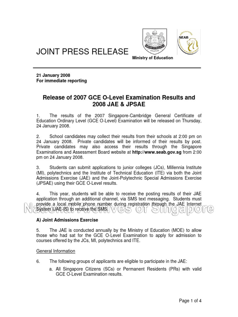 Joint Press Release: Release of 2007 GCE O-Level Examination Results ...