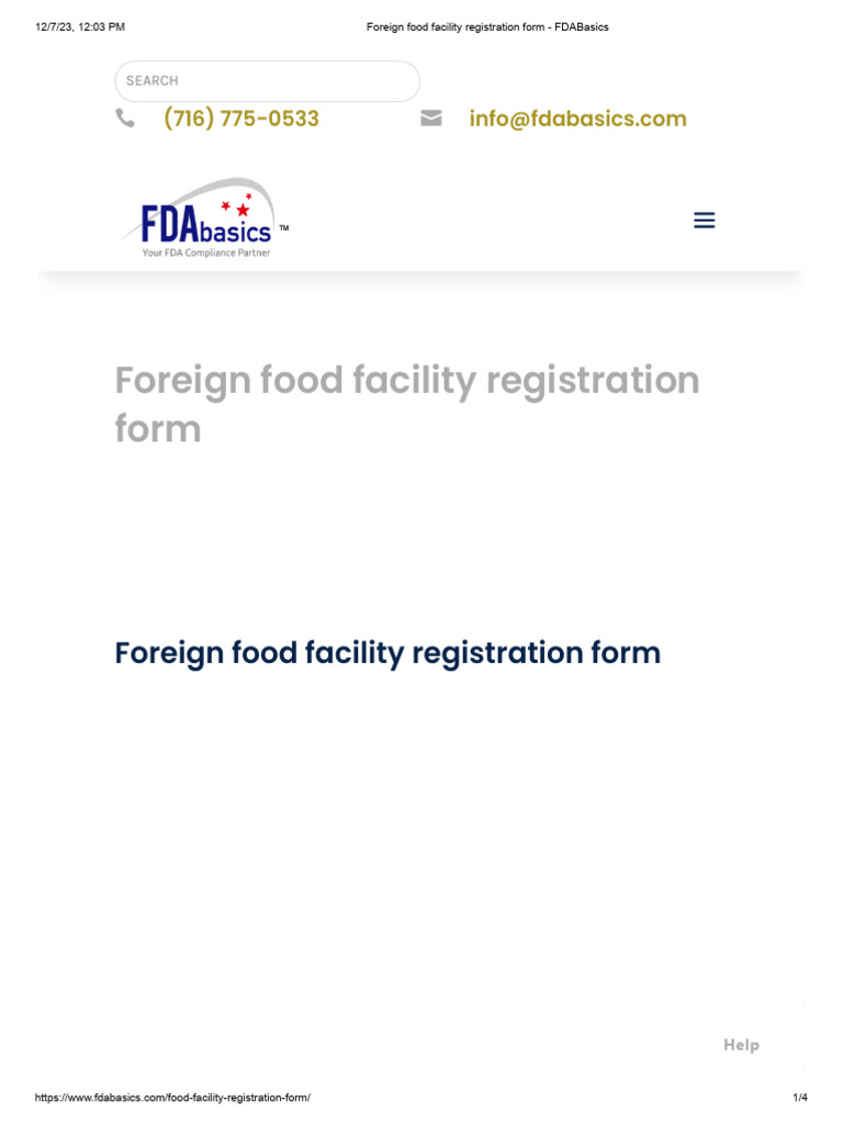 Foreign Food Facility Registration Form - FDABasics | PDF