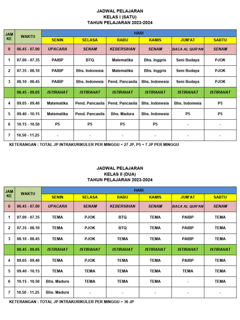 Jadwal Pelajaran 2023-2024 Terbaru | PDF